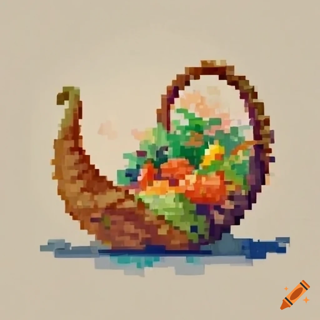 Pixelated watercolor painting of a cornucopia on Craiyon
