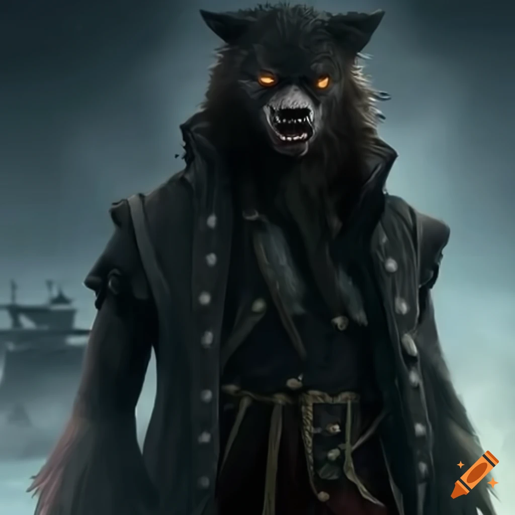 Image of a werewolf pirate at the docks on Craiyon