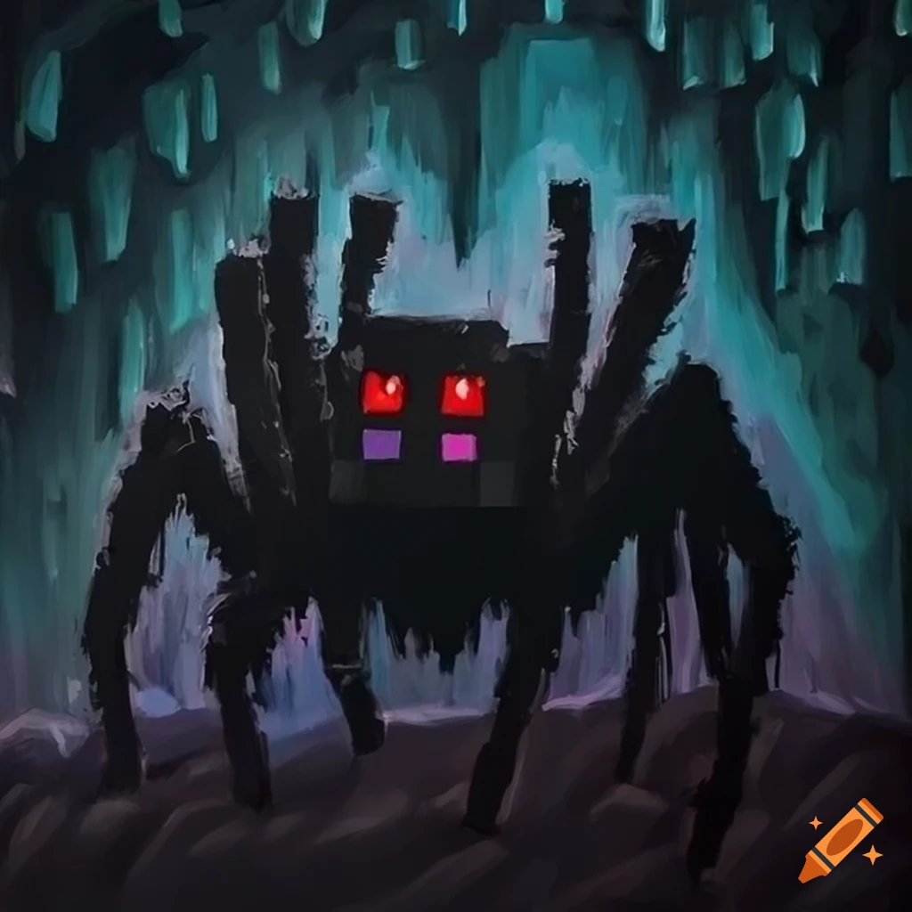Acrylic painting of a minecraft spider in a cave on Craiyon