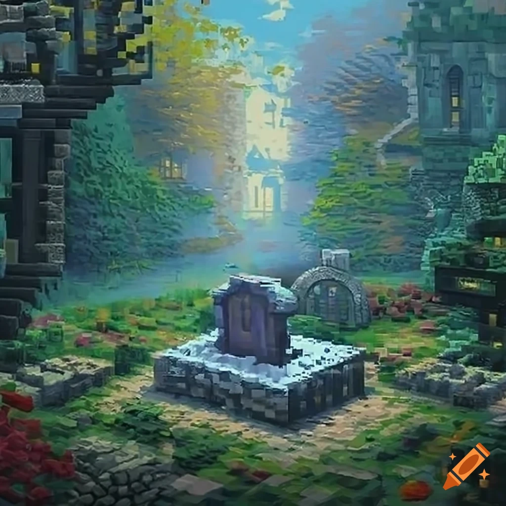 Pixel art painting of a Minecraft tombstone in a graveyard on Craiyon