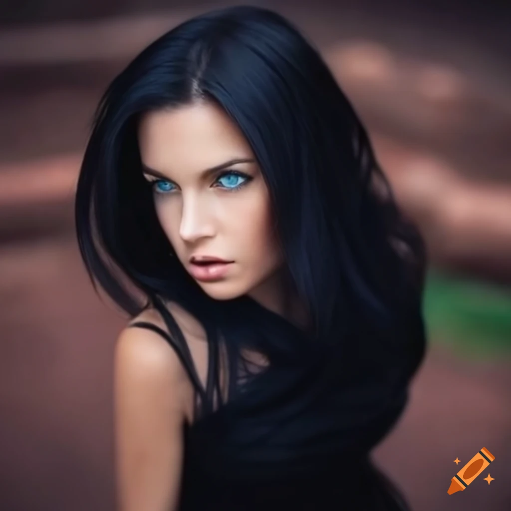 Woman with captivating blue eyes and black dress on Craiyon