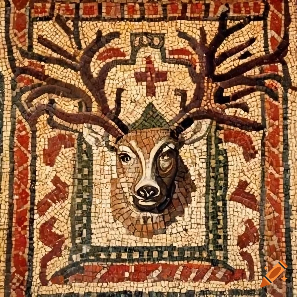 Ancient Roman mosaic of a deer with a cross on its antlers on Craiyon