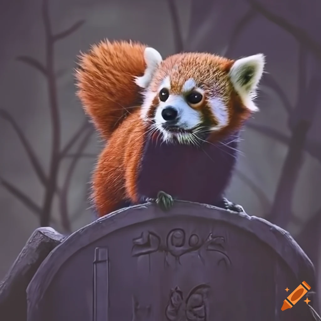 Red panda in a graveyard