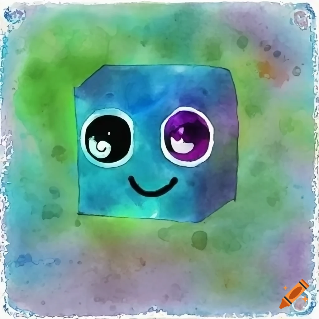 Cartoon cube with googly eyes in forest on Craiyon