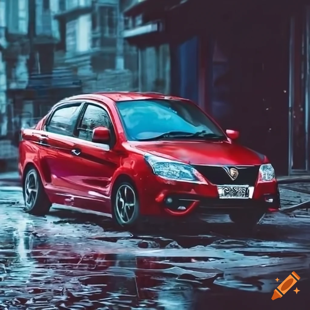 Red proton saga on a wet street on Craiyon