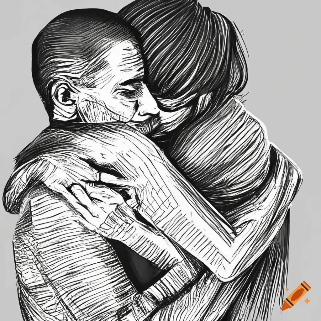 Black and white line art of a man hugging himself on Craiyon
