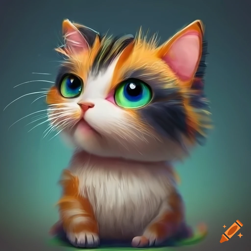 Surreal cartoon of a cute calico cat on Craiyon