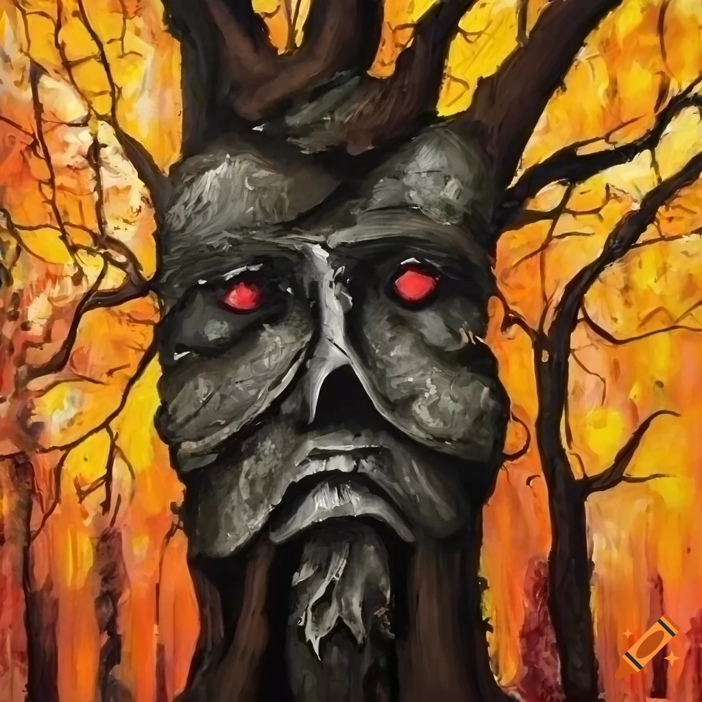Acrylic painting of an autumn tree with ent face