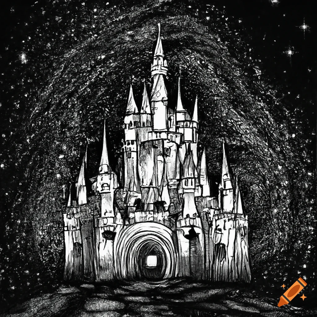 Grayscale drawing of a galaxy with a castle in the background on Craiyon