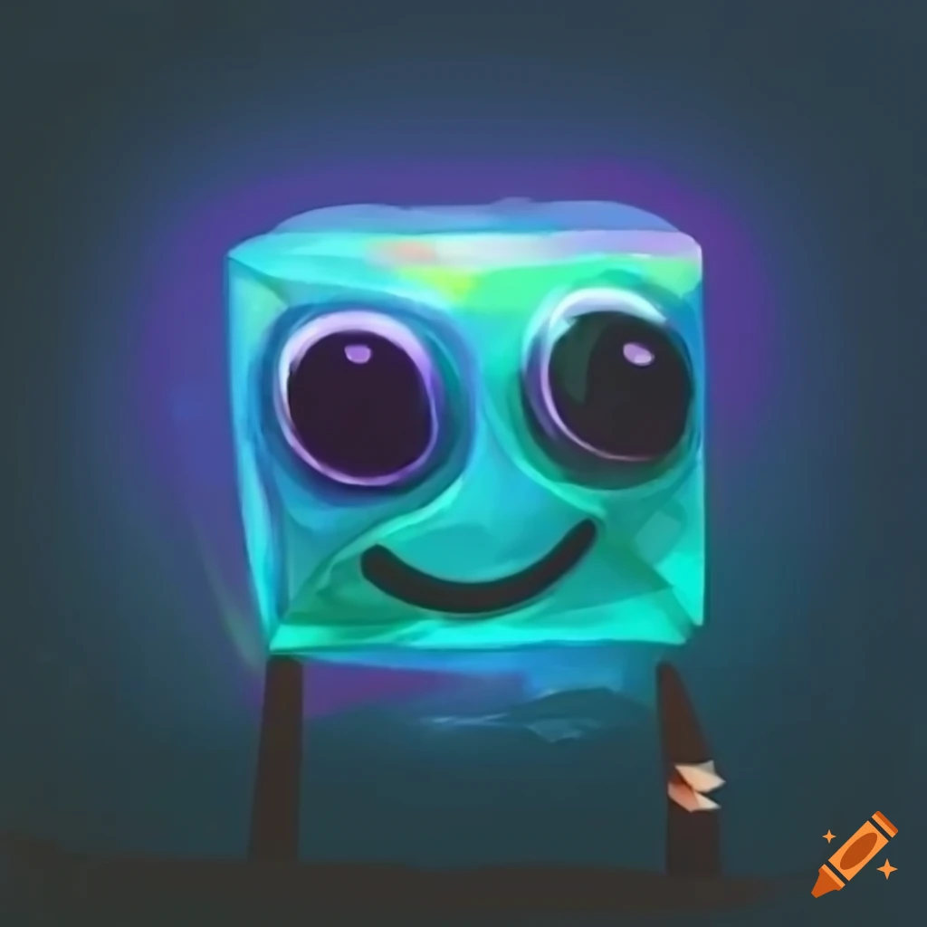 Cartoon cube with googly eyes in forest on Craiyon