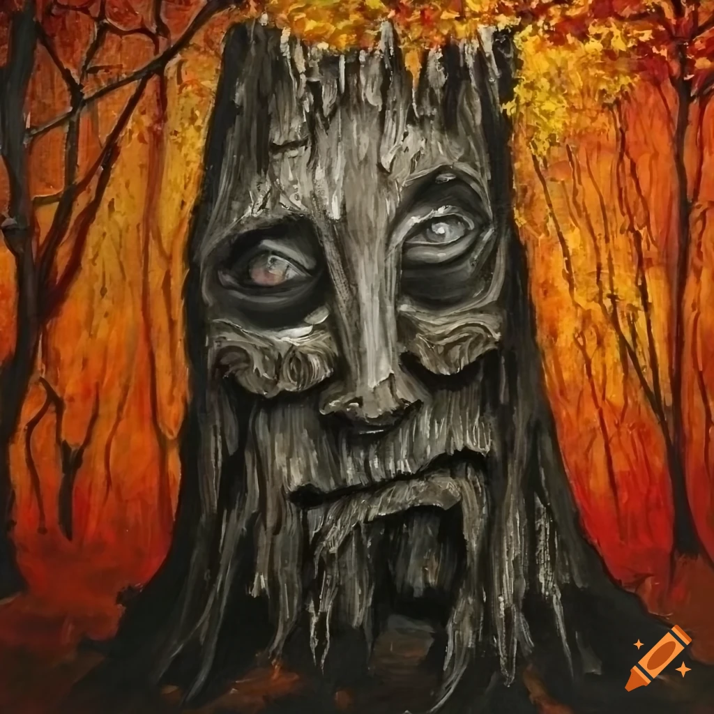 Acrylic painting of an autumn tree with a bark covered ent face on Craiyon