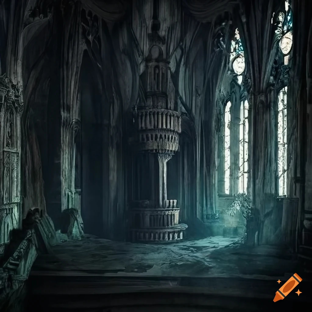 Interior of a medieval castle with detailed decayed designs on Craiyon