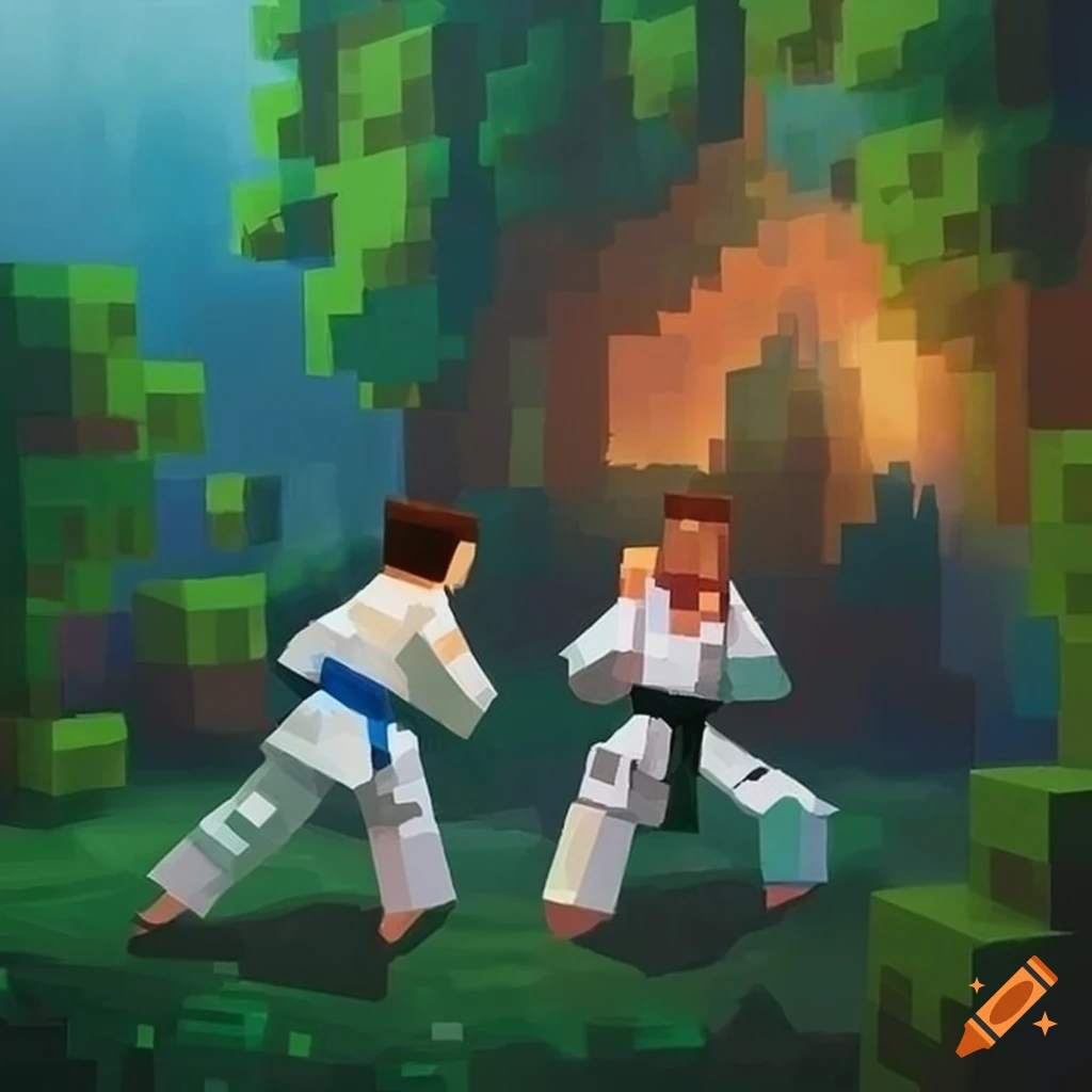 Acrylic artwork of minecraft karate match in nature on Craiyon