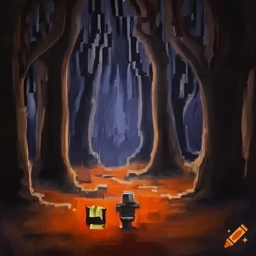 Acrylic painting of a spooky minecraft scene