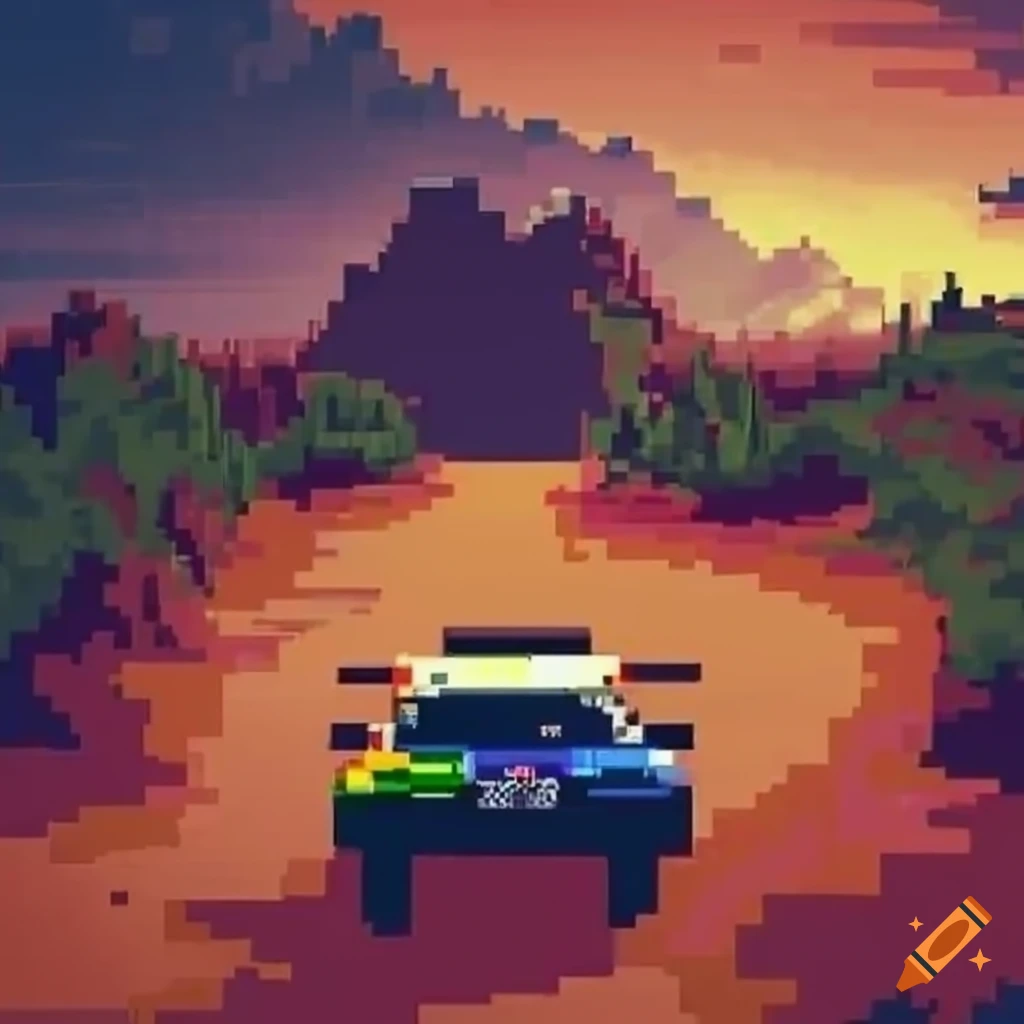 Pixel art of two rally cars racing on a dirt road on Craiyon