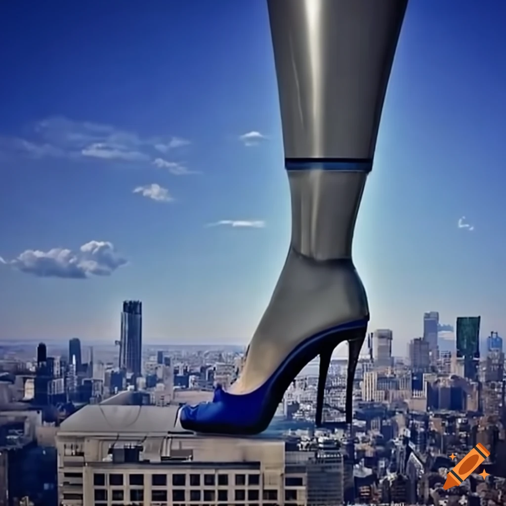 Artwork of a giant woman in high heels towering over a city on Craiyon