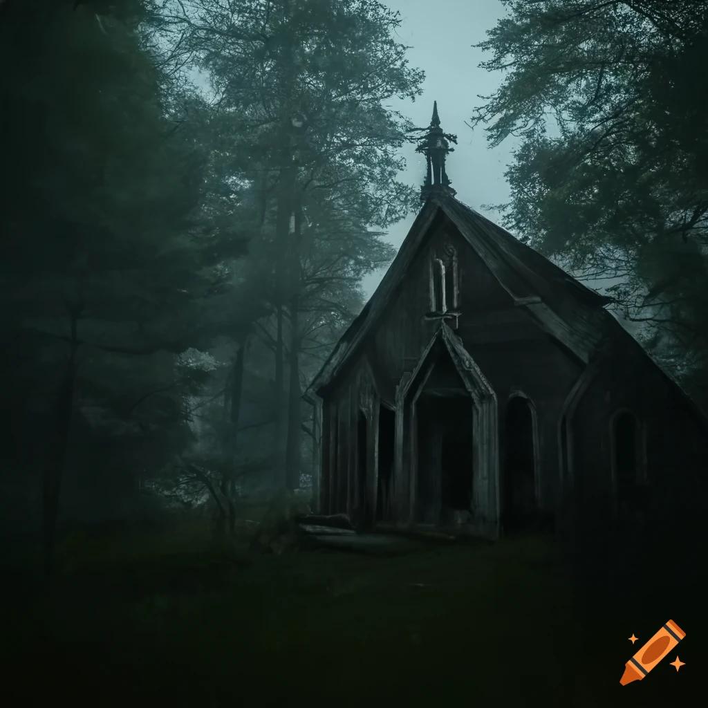 Eerie shot of an abandoned wooden church in the woods on Craiyon
