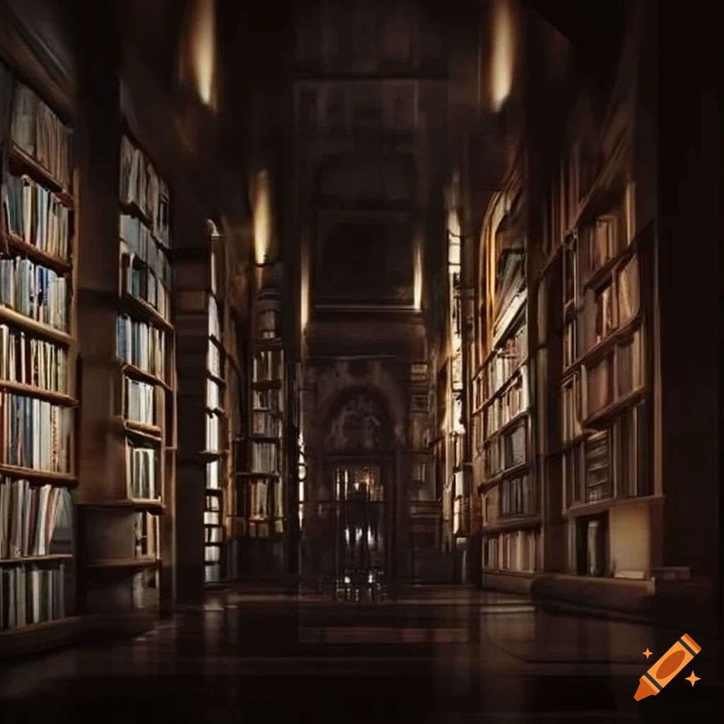 Dark library with glowing lights on Craiyon
