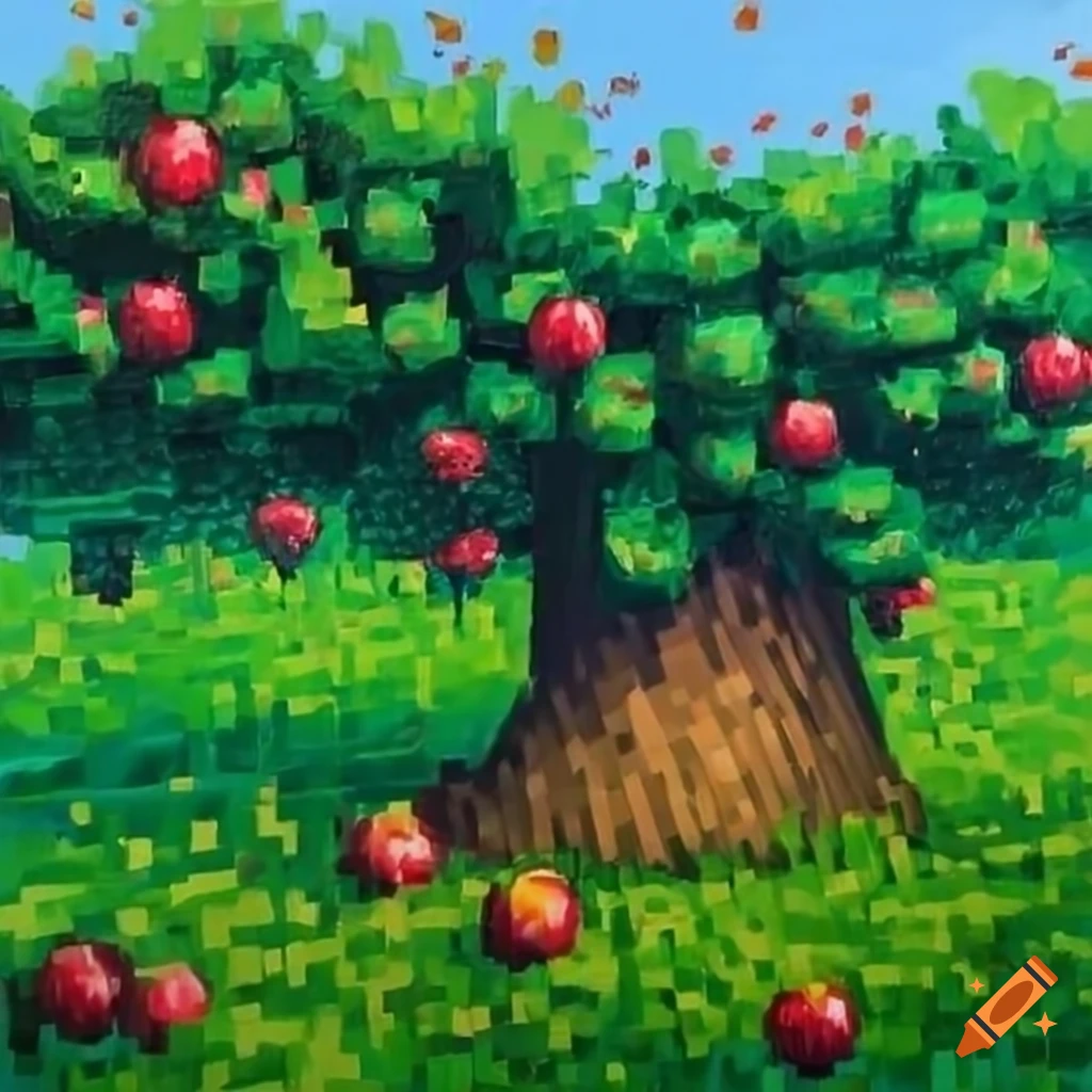 Acrylic painting of an apple orchard in minecraft on Craiyon