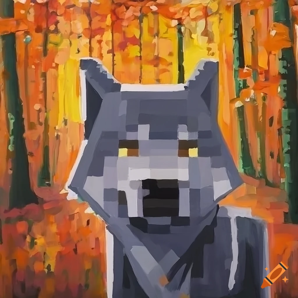 Acrylic painting of a Minecraft wolf in autumn forest on Craiyon