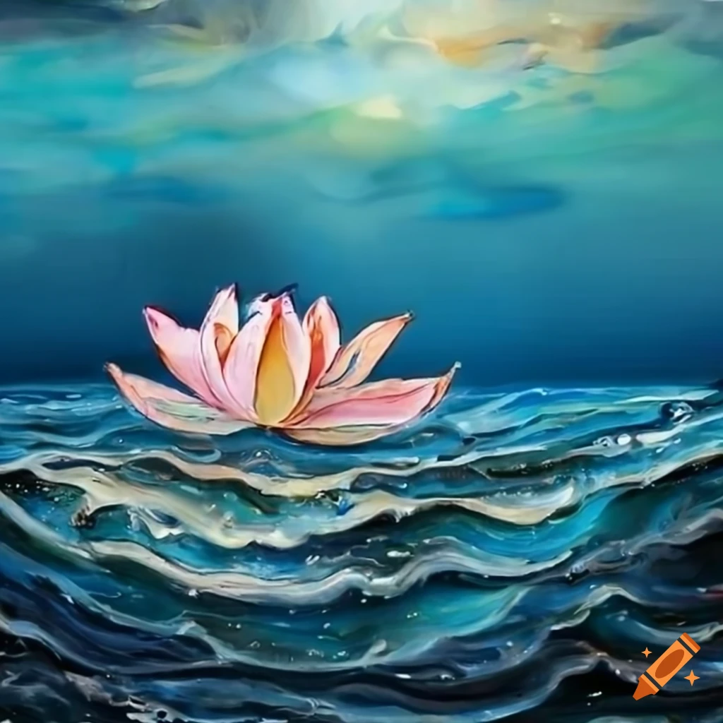Glass painting of a lotus flower in ocean waves on Craiyon
