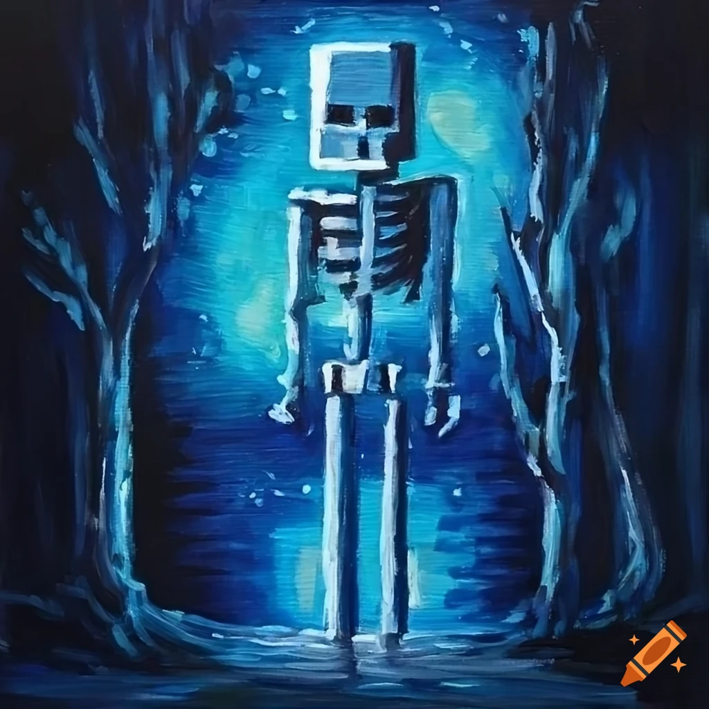Acrylic painting of a blue minecraft skeleton in front of an autumn tree