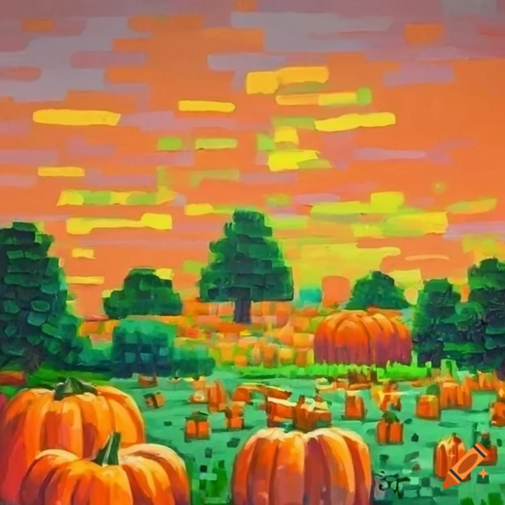 Acrylic painting of a minecraft pumpkin patch on Craiyon