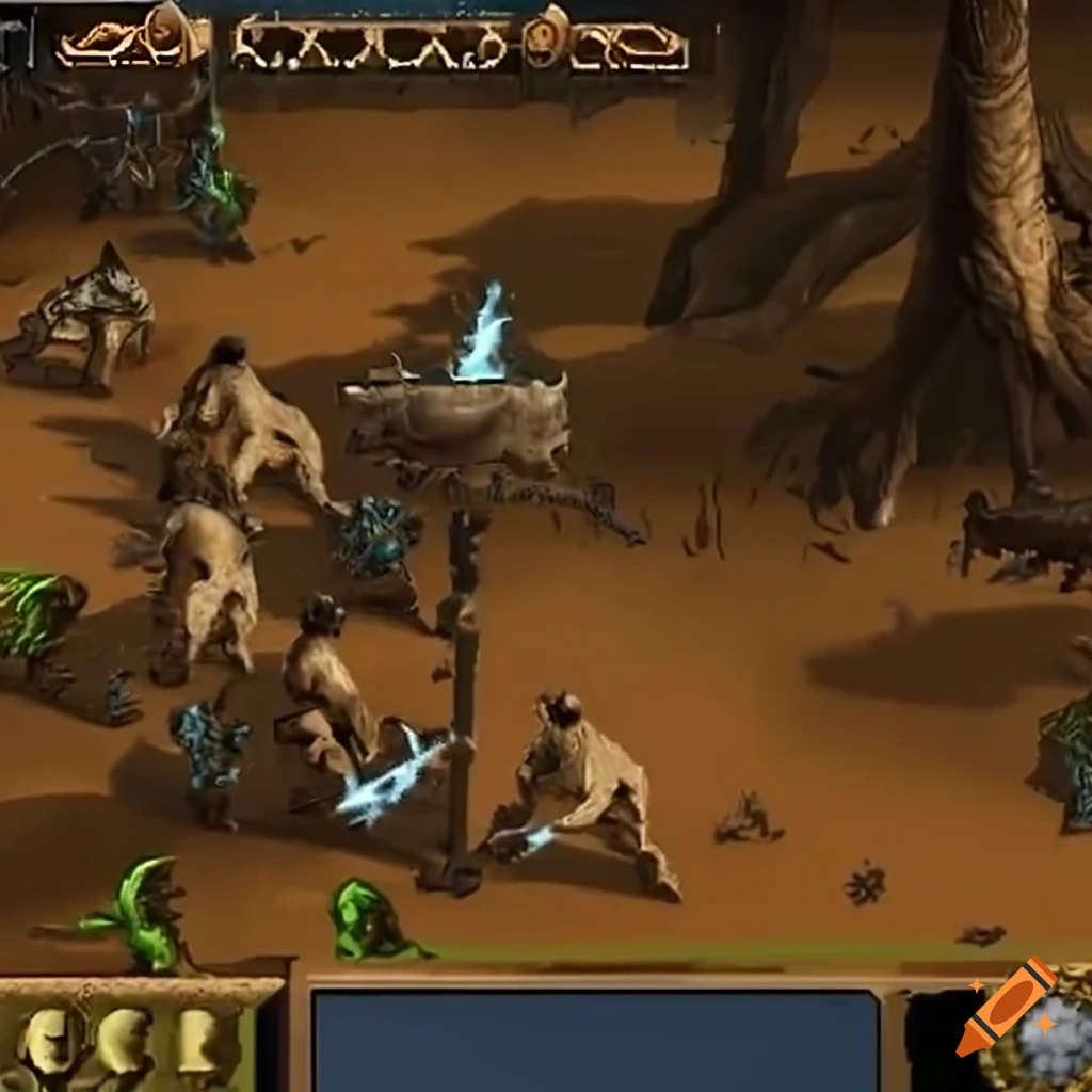 RTS game with cavemen and mystical creatures in battle on Craiyon