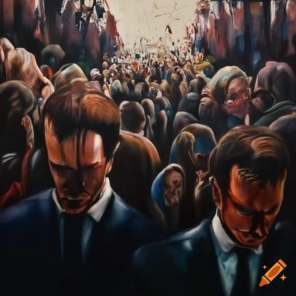 Painting of a sleepwalking crowd on Craiyon
