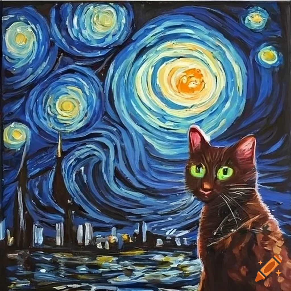 Acrylic painting of cats under a starry night on Craiyon