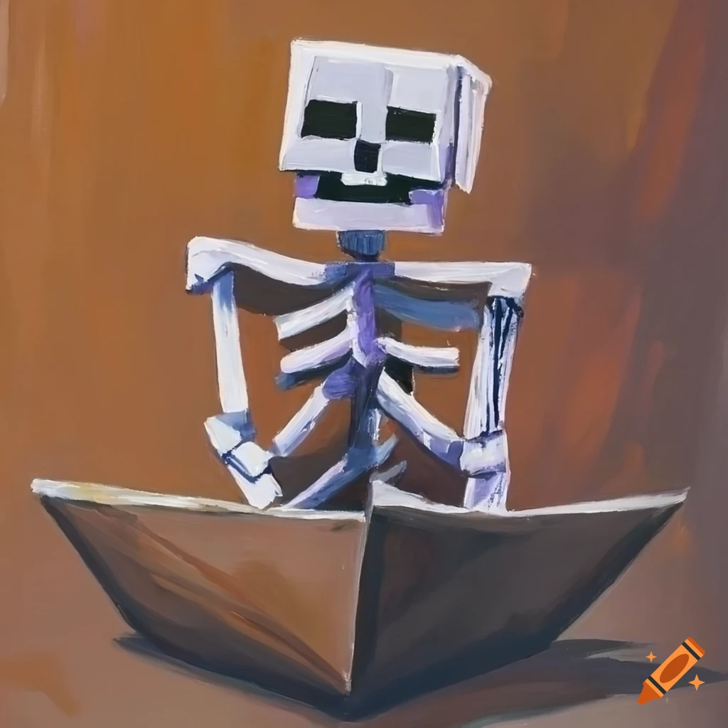 Acrylic painting of minecraft skeleton in an origami boat