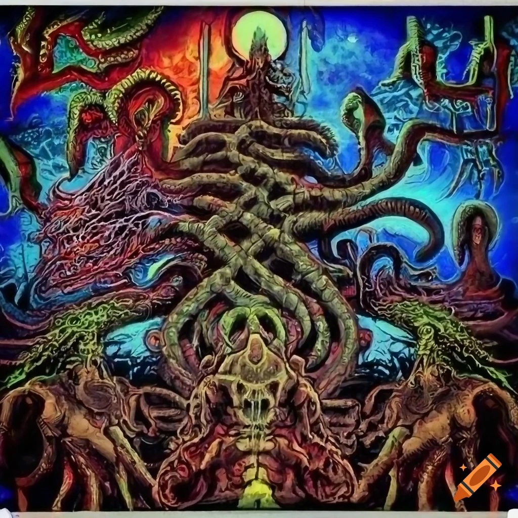 Lovecraftian mural with cosmic and psychedelic elements on Craiyon