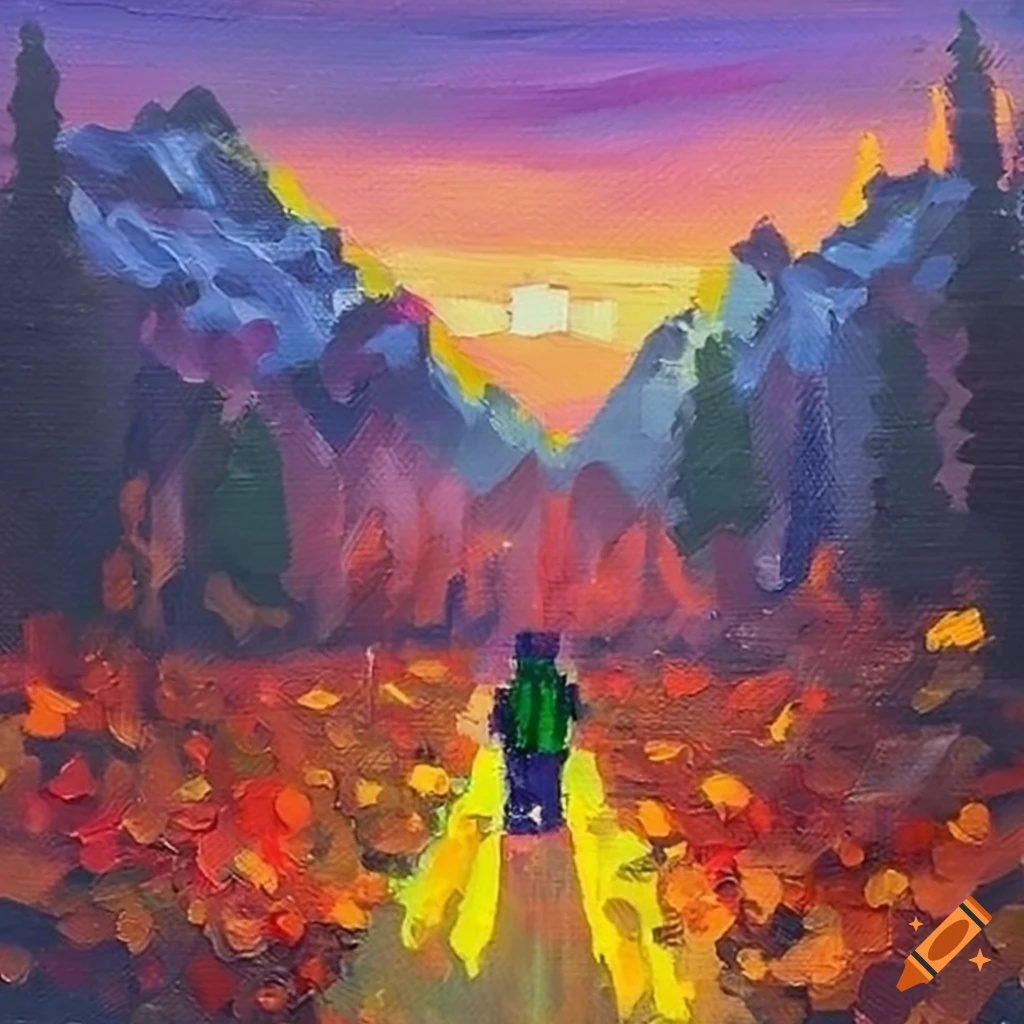 Acrylic painting of minecraft characters in autumn mountains on Craiyon