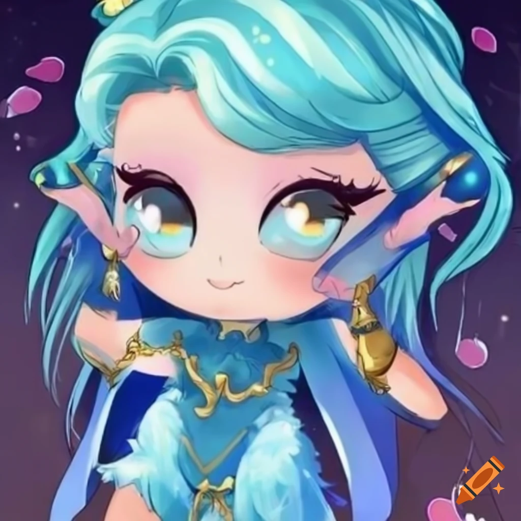 Chibi goddess with light blue hair and internet meme symbols on Craiyon