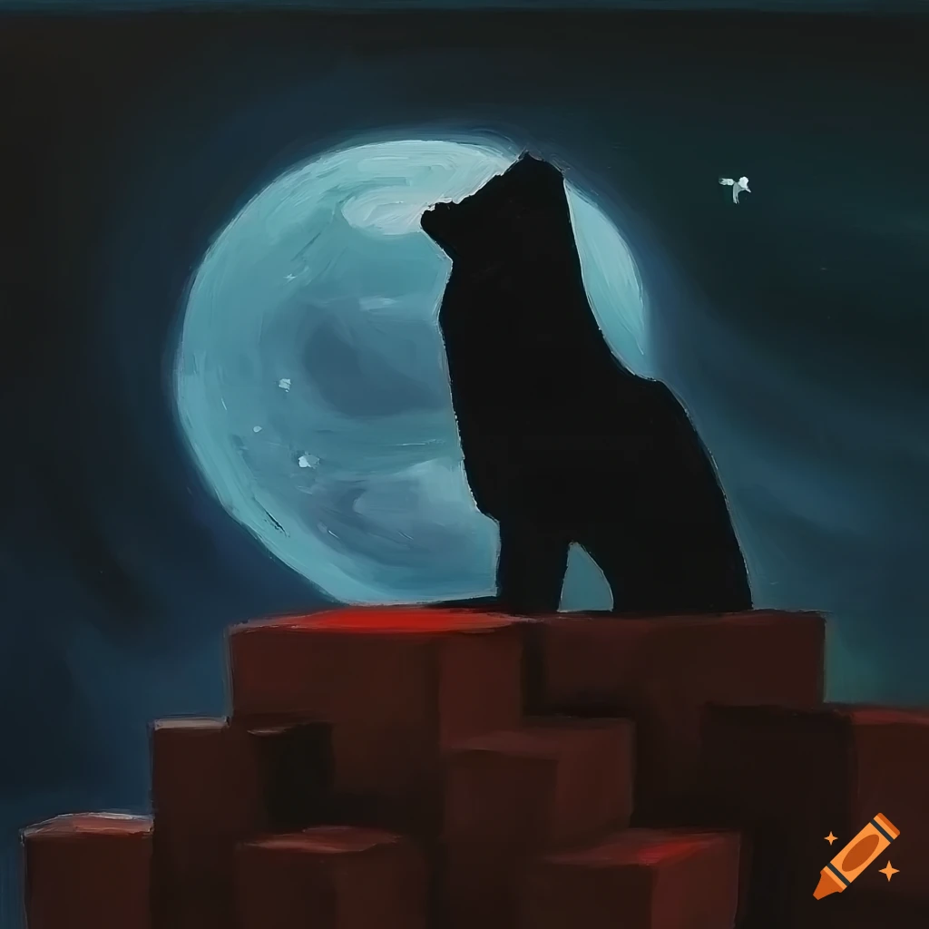 Acrylic painting of a minecraft moon and howling wolf on Craiyon