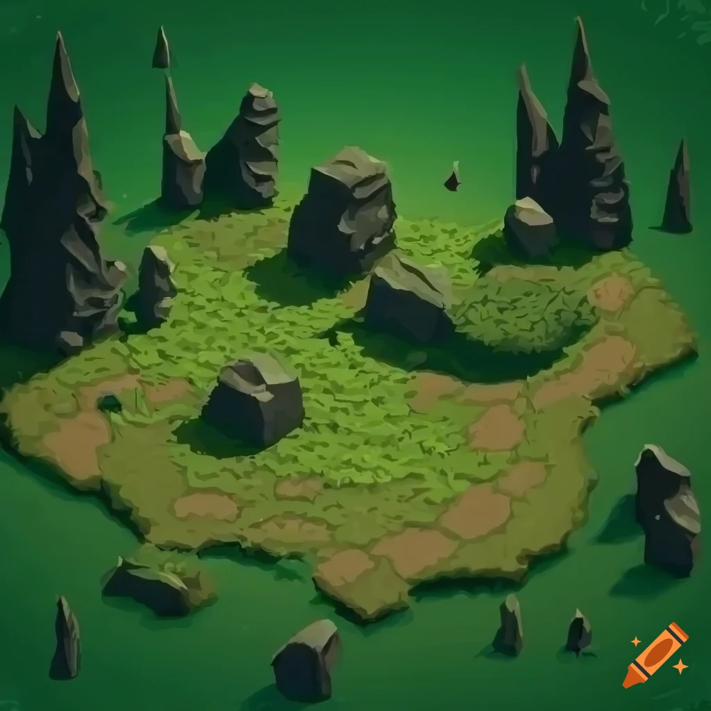 Isometric RPG tilemap of a world with stone, grass, and forest on Craiyon