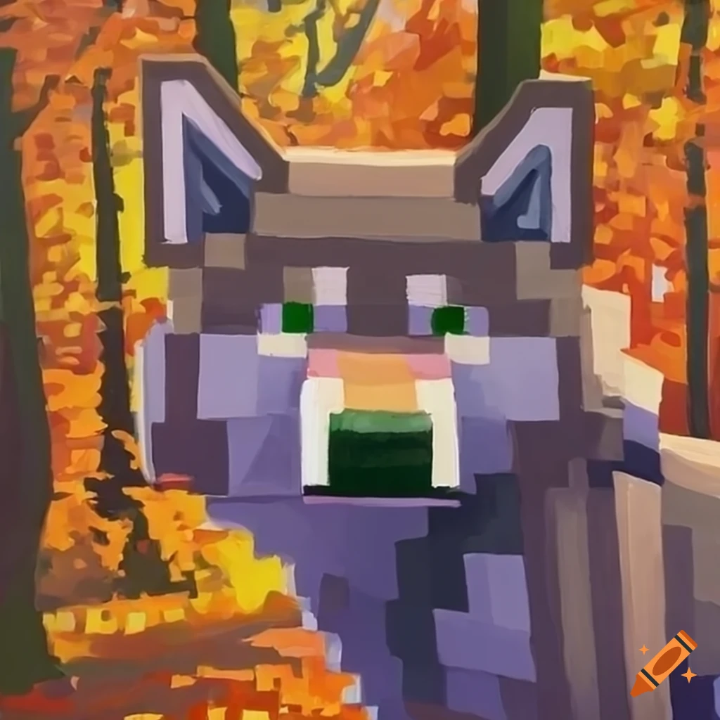 Acrylic painting of a Minecraft wolf in autumn forest on Craiyon