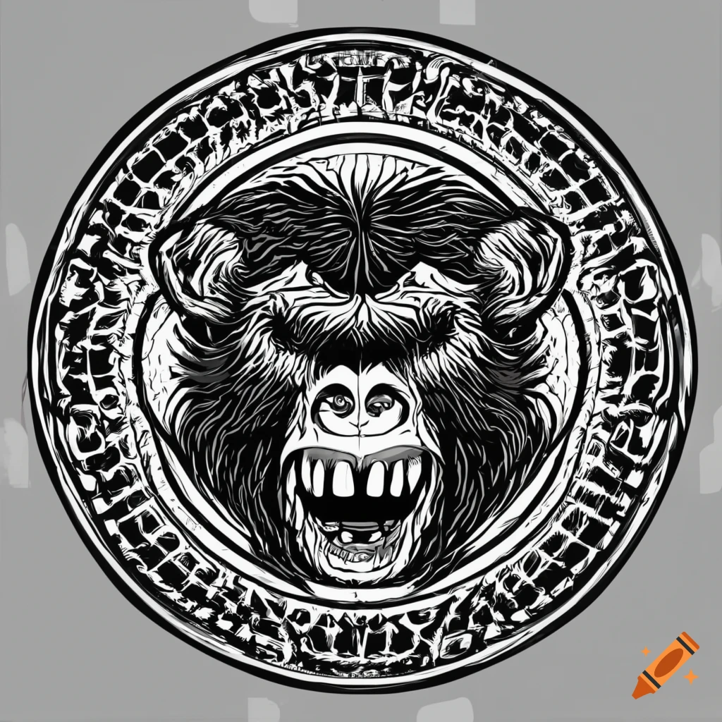 Circular black and white vector logo of a fierce ape on Craiyon