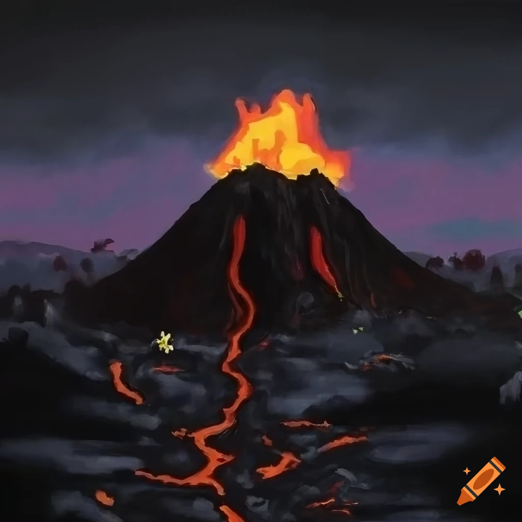 Acrylic painting of a dark Minecraft prairie with volcano on Craiyon