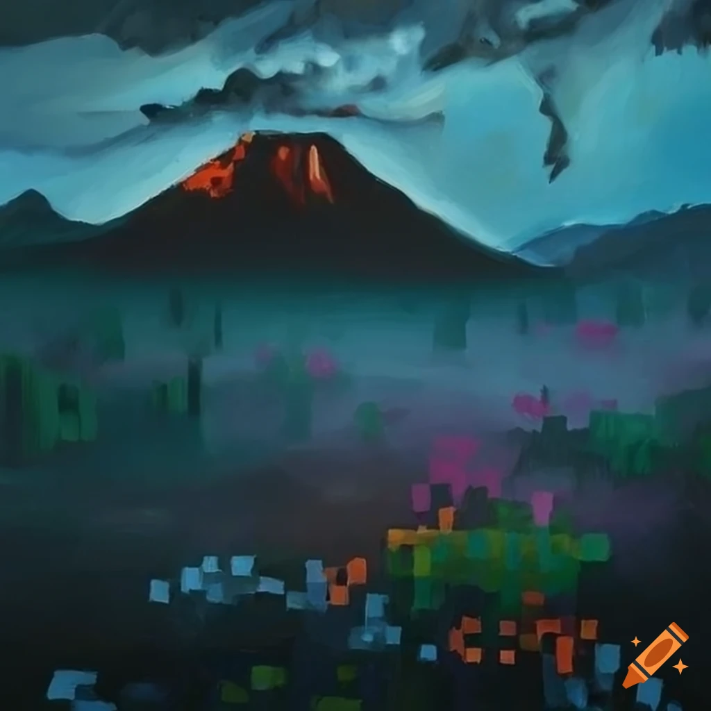 Acrylic painting of a minecraft prairie and erupting volcano on Craiyon