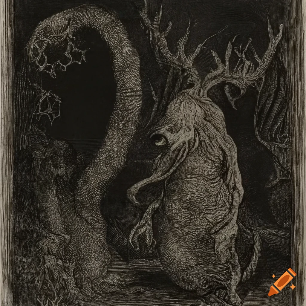 Etching of a sinister shadow creature with glowing eyes and deer horns ...