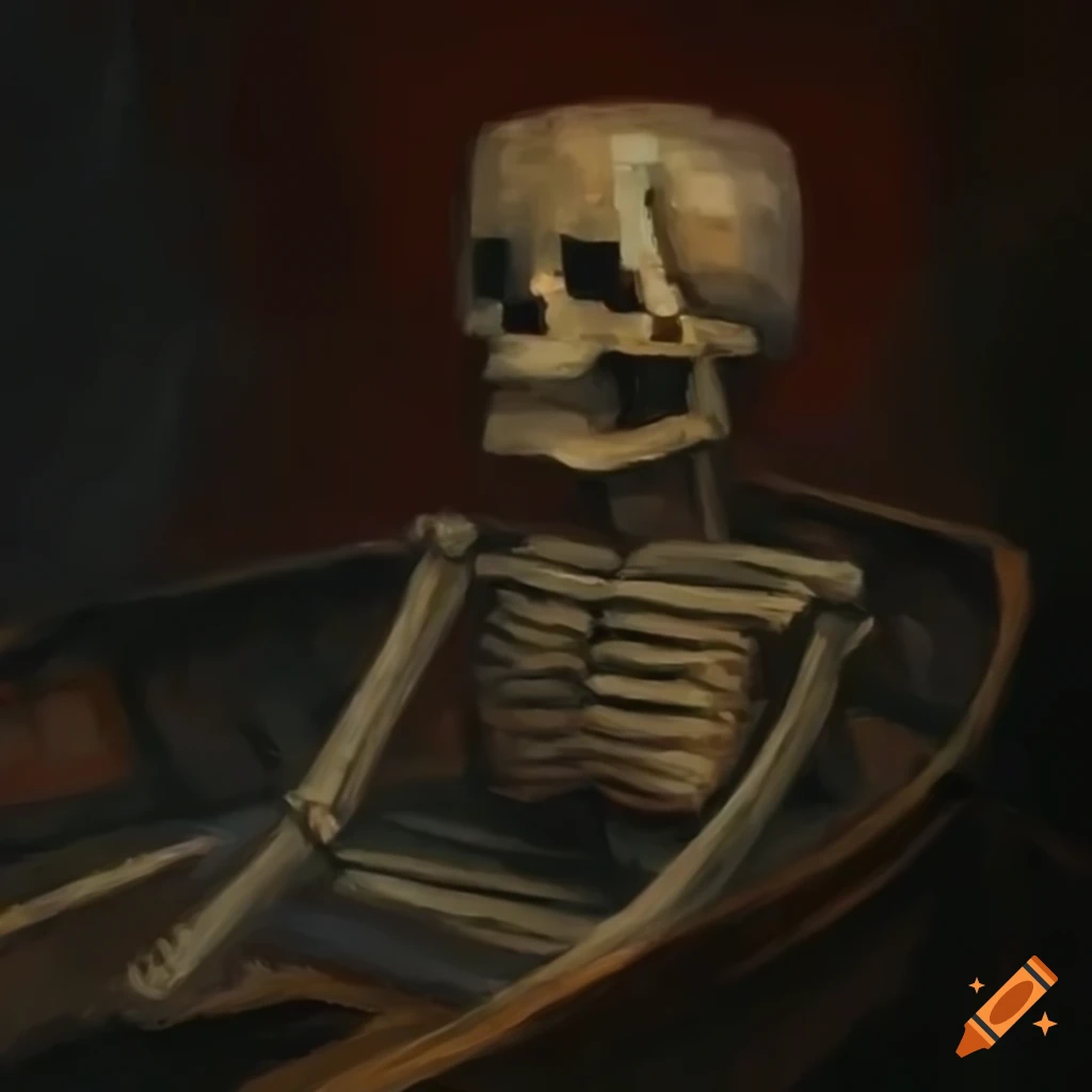 Haunting oil painting of a minecraft skeleton in a boat