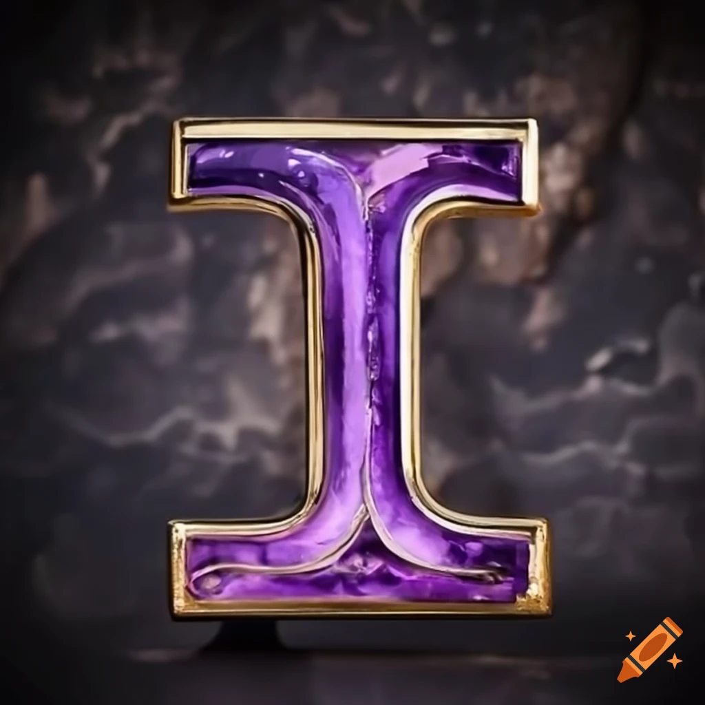 Enamelled gold and amethyst letters on stone backdrop on Craiyon