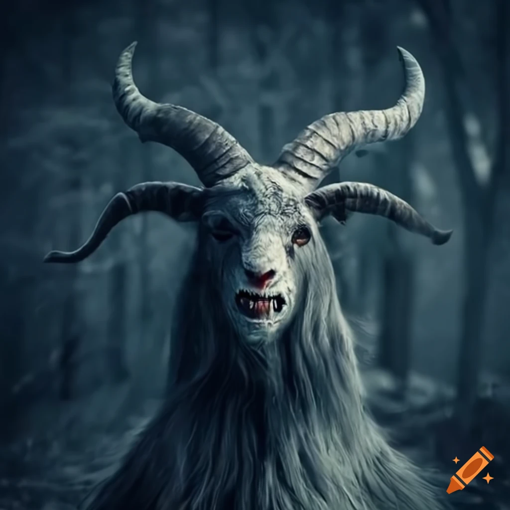 Vintage picture of a creepy snow forest with an evil demon goat on Craiyon