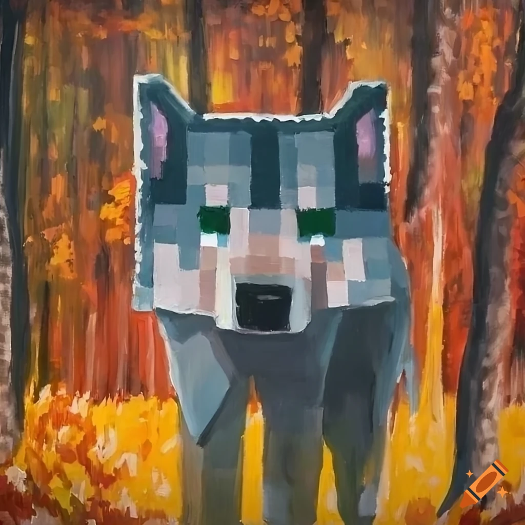 Acrylic painting of a minecraft wolf in an autumn forest on Craiyon