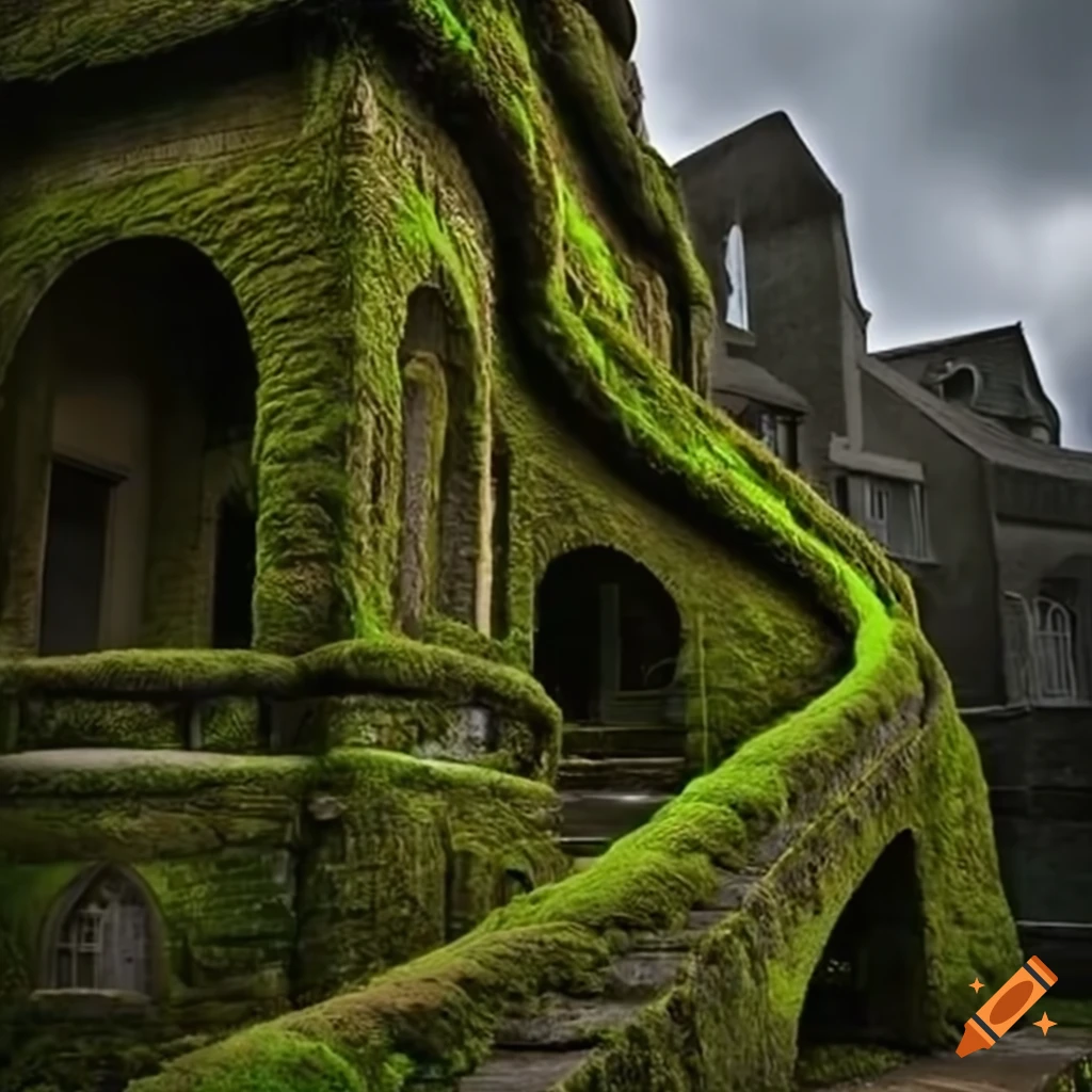 Image of a tall moss-covered fantasy building with a helical staircase ...