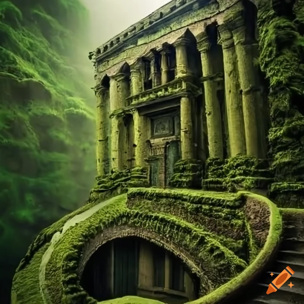 Fantasy moss-covered building with helical staircase on Craiyon