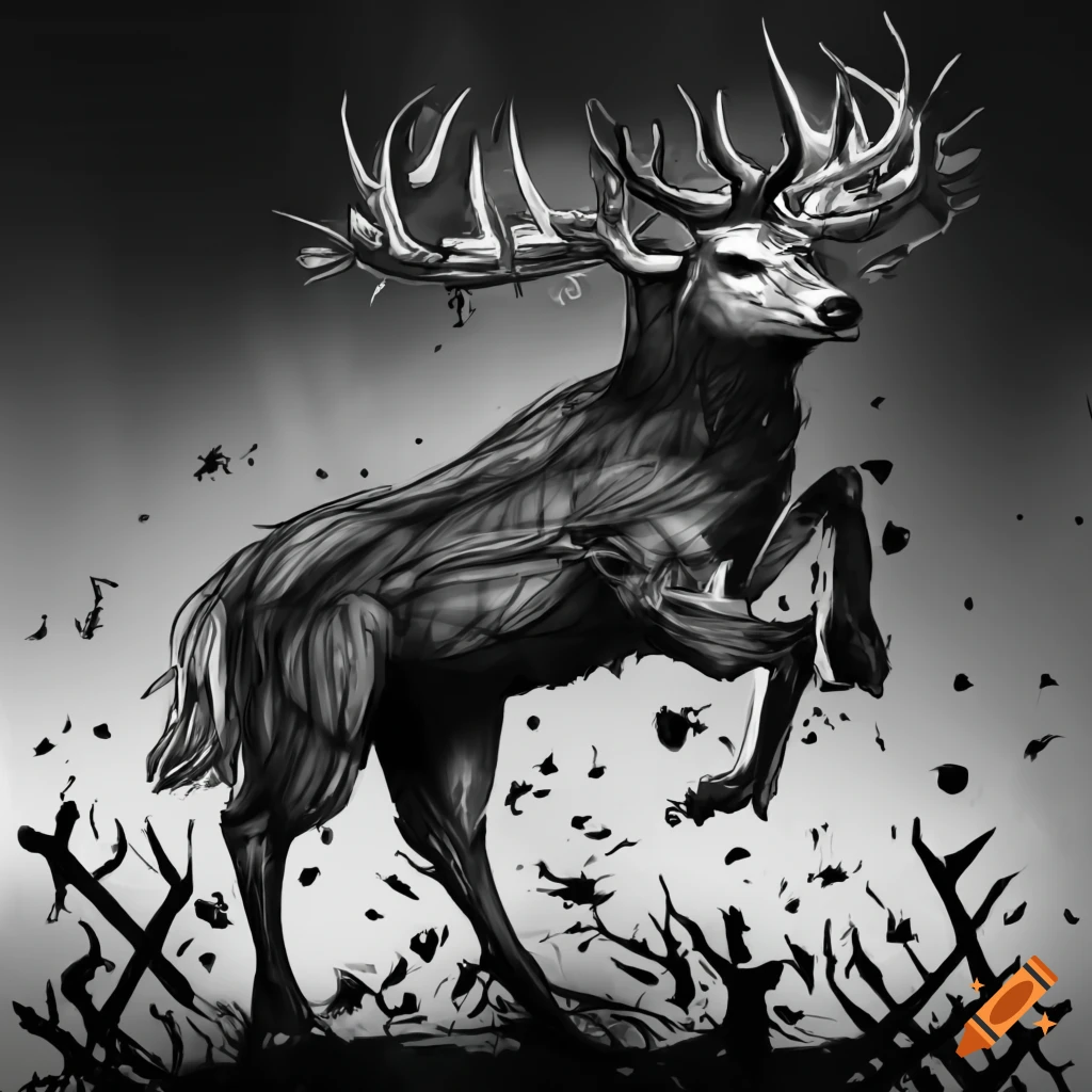 Anime-style artwork of a muscular stag in a swamp on Craiyon