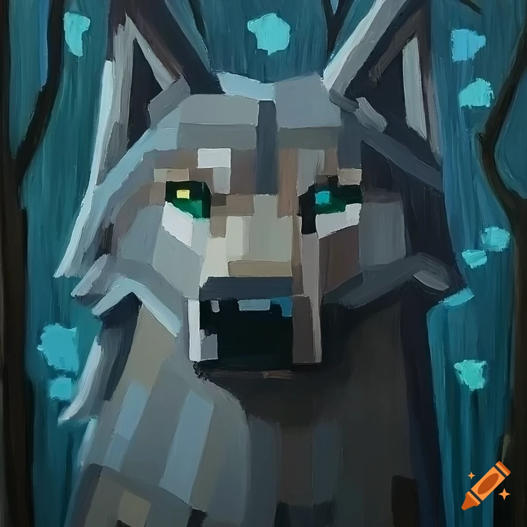 Acrylic painting of a Minecraft wolf in the woods on Craiyon
