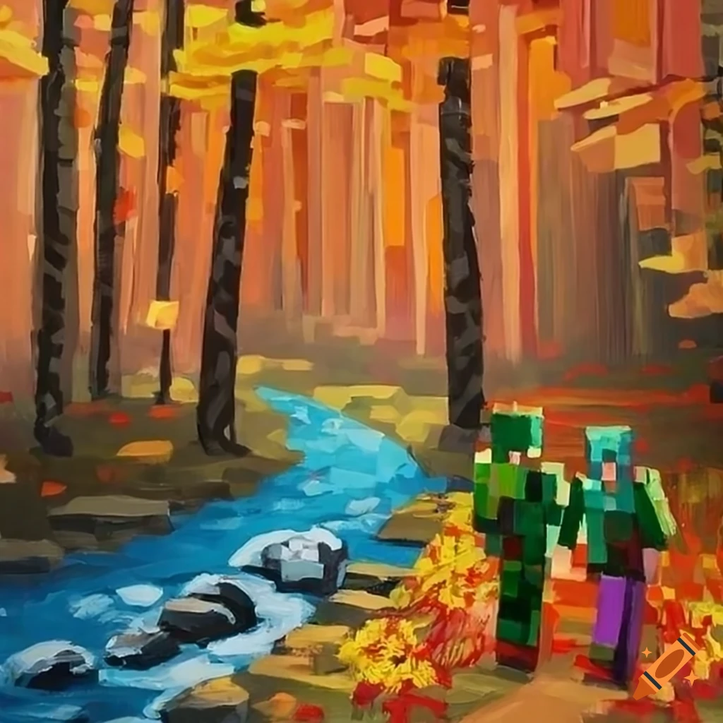Acrylic painting of minecraft hikers in autumn mountains on Craiyon